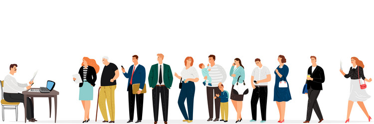 Big crowd people go queue stand in line Royalty Free Vector