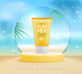 Summer background with 3d podium and sunscreen Vector Image