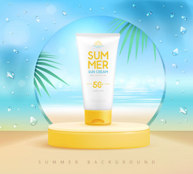 Summer background with 3d stage and sunscreen Vector Image