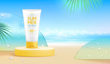 Summer background with 3d stage and sunscreen Vector Image