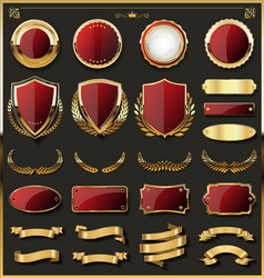 Golden shields labels and laurels gold red Vector Image