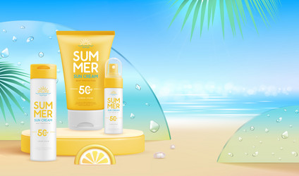 Summer background with 3d stage and sunscreen Vector Image