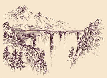 Mountains landscape sketch river flow Royalty Free Vector
