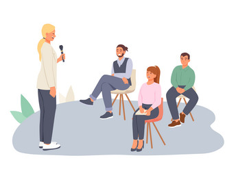 Worker making notes listening female speaker Vector Image