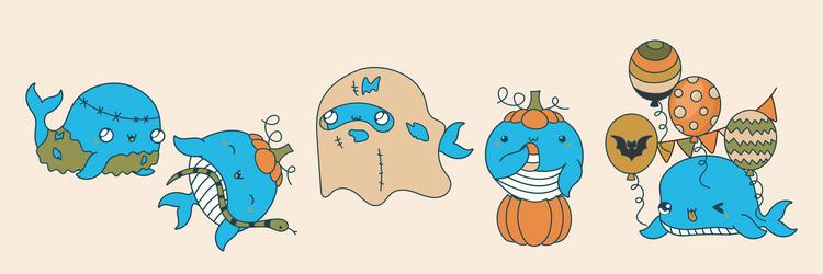 Collection of halloween whale art set Royalty Free Vector