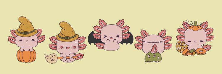 Collection of halloween axolotl art set Royalty Free Vector