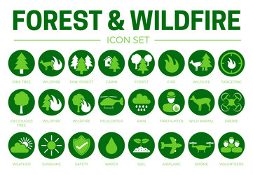 Forest wildfire icon set with fire pine cabin Vector Image