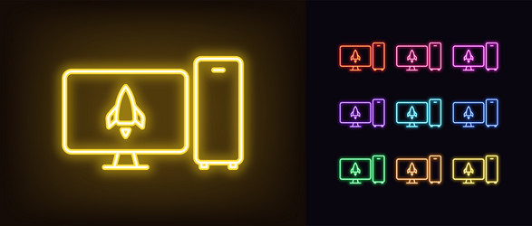 Outline neon pc monitor icon set glowing Vector Image