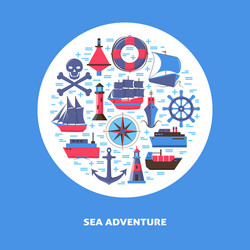 Marine round concept with ship icons in flat style