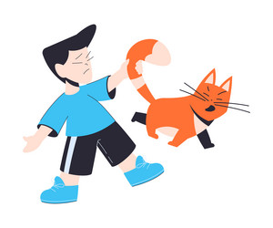 Naughty boy pull cat tail have bad behaviour Vector Image