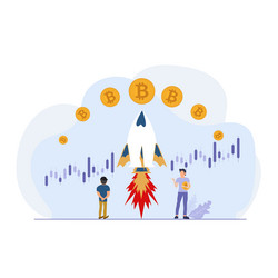Two men trading on cypto chart holding bitcoins Vector Image