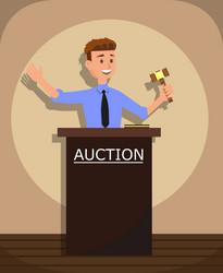 Old man auctioneer with gavel in auction house Vector Image