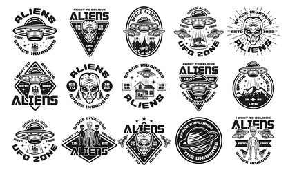 Badges set with ufo and aliens design Royalty Free Vector