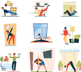 Home exercises male and female characters doing Vector Image