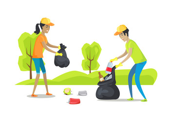 Man and woman collecting garbage in recycling bin Vector Image