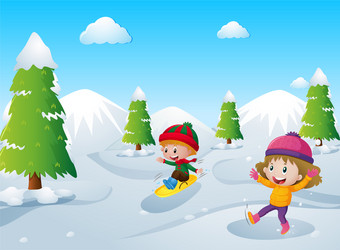 Kids playing in the snow during winter season Vector Image