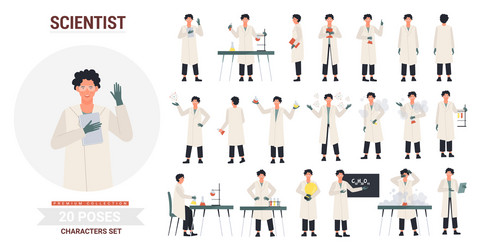 Scientist man poses set cartoon male character Vector Image