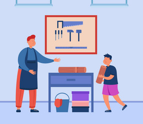 Cartoon dad and son doing carpentry work Vector Image