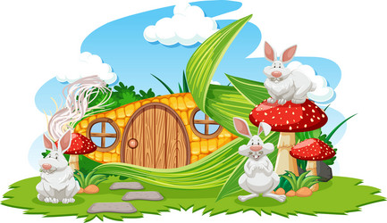 Corn house with three grasshoper cartoon style Vector Image