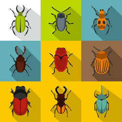 Insects beetles icons set flat style Royalty Free Vector