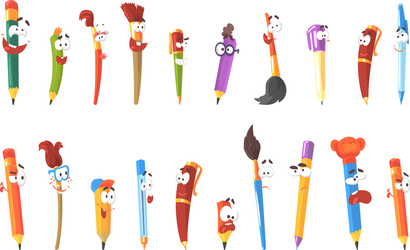 Smiling pen pencils and brushes set of animated Vector Image