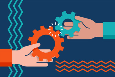 Cartoon hands joining gears into single engine Vector Image