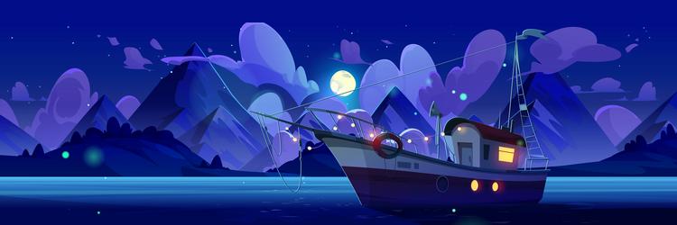 Night sea landscape with moon stars and clouds Vector Image