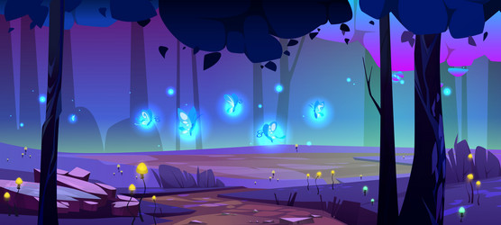 Night forest background with green fireflies Vector Image