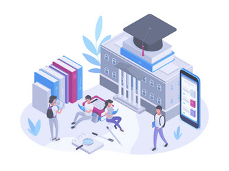 Isometric students school study process Royalty Free Vector