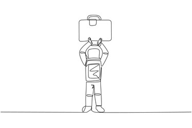 Single one line drawing young astronaut lift up Vector Image