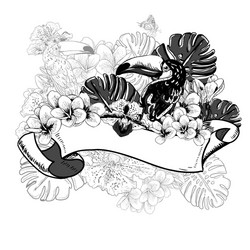 Tropical exotic floral card with toucan and tiger Vector Image