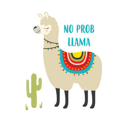 Funny llama with cactus isolated on white blue Vector Image