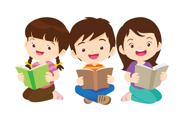 Cartoon happy kids reading a book Royalty Free Vector Image