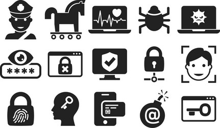Cyber security and threat icons set Royalty Free Vector