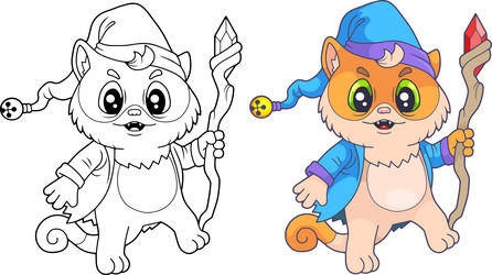 Cartoon cat wizard coloring page Royalty Free Vector Image