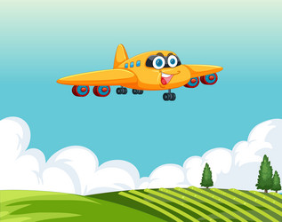 Cartoon airplane flying above green fields Vector Image