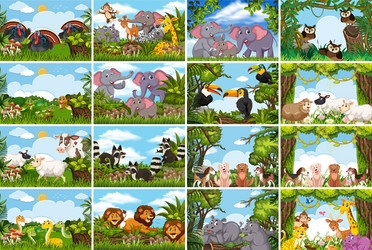 Cute set animals in jungle scene Royalty Free Vector Image