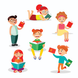 Kids reading on the big stack of books flat Vector Image