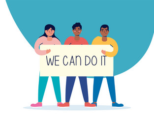 Group people lifting label with we can do Vector Image