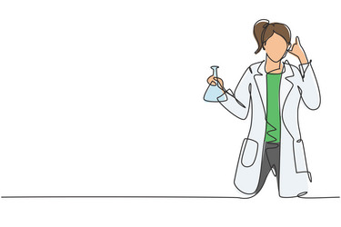 Single one line drawing female scientist stands Vector Image