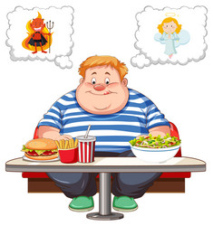Overweight man fighting between eating healthy Vector Image