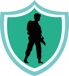 Soldier military standing silhouette in shield Vector Image