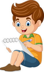 Cute boy cartoon writing on a book Royalty Free Vector Image