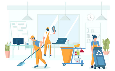 Team of cartoon janitors cleaning office Vector Image