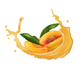 Peach realistic fruit and juice splash Royalty Free Vector
