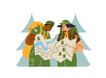 Scout boys exploring map in forest scouts wearing Vector Image