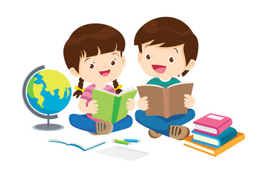 Cartoon happy kids reading a book Royalty Free Vector Image