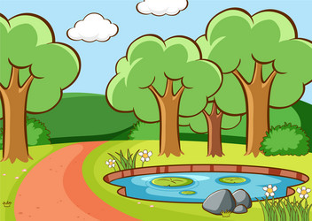 Forest scene with pond and mountains Royalty Free Vector