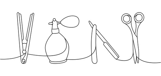 Hairdresser tools one line continuous drawing Vector Image