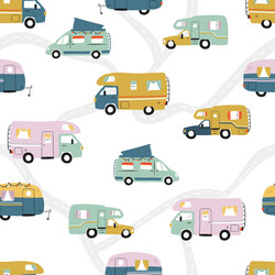 Road trip seamless pattern doodle camper vans Vector Image